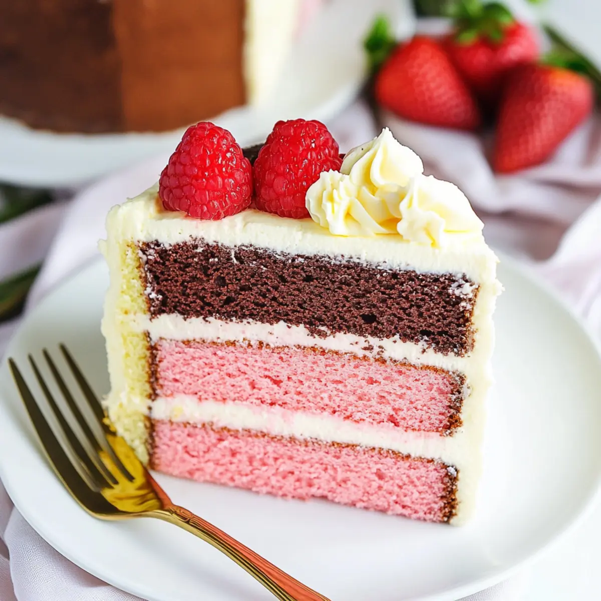 Delicious Neapolitan Cake Recipe with Chocolate, Strawberry, and Vanilla