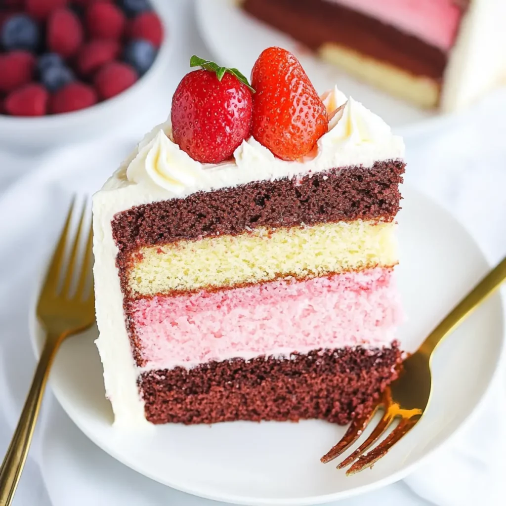 Delicious Neapolitan Cake Recipe with Chocolate, Strawberry, and Vanilla